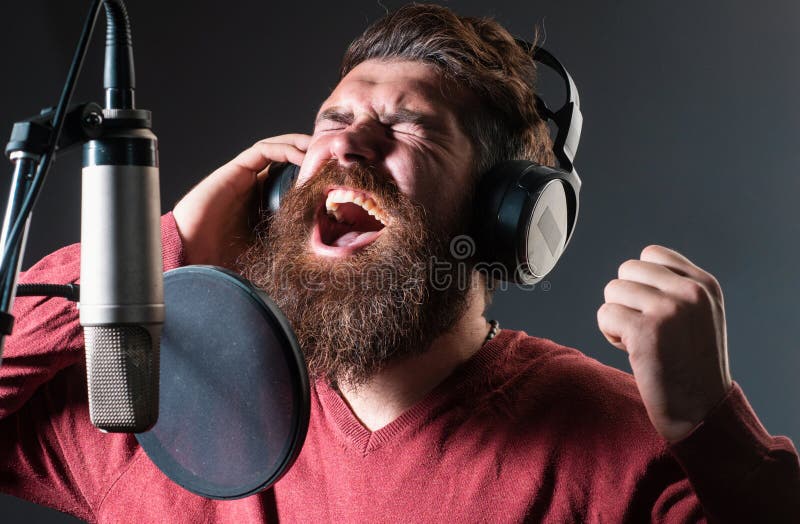 Karaoke Singer. Man Singing with Music Microphone. Expression Face ...