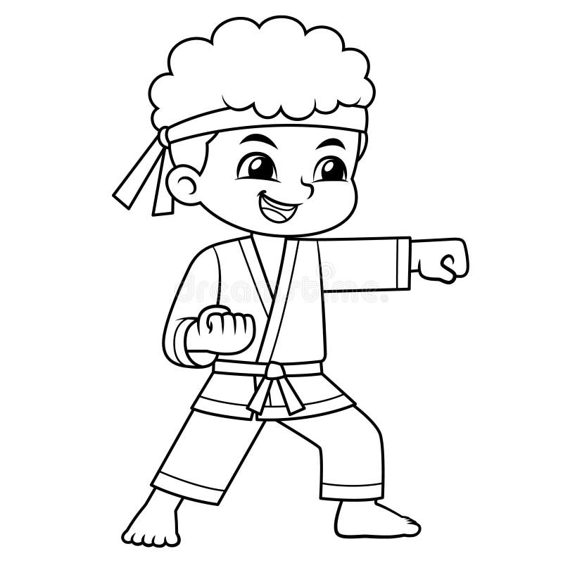 Karate Boy Performing Fist Technique BW Stock Illustration ...