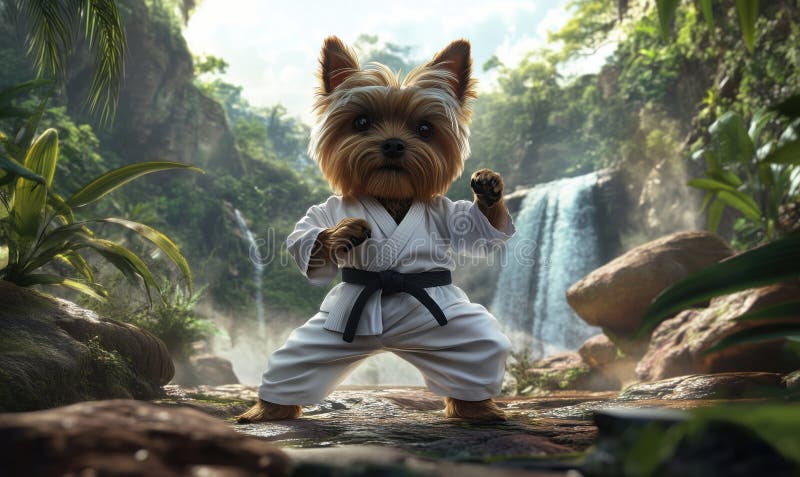 Karate Dog in Black Belt Poses Confidently in Lush Jungle Setting with ...