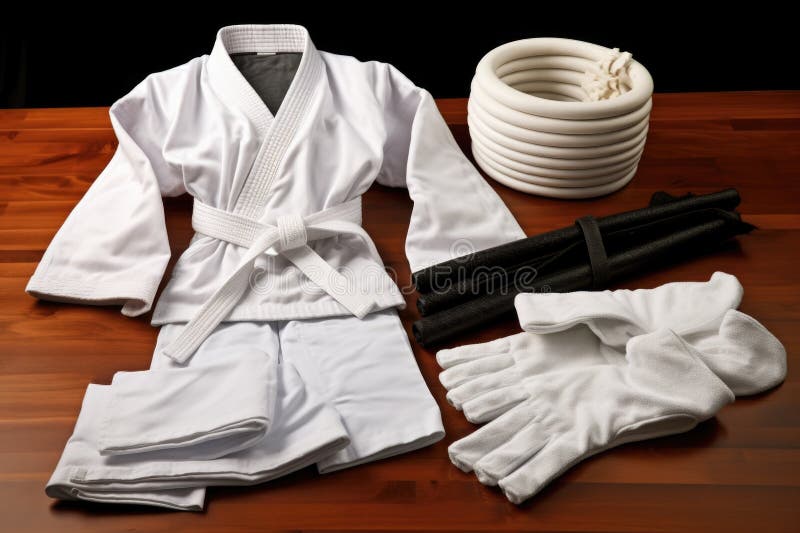 Karate Equipment: White Gi, Black Belt, and Protective Gloves on a Mat ...