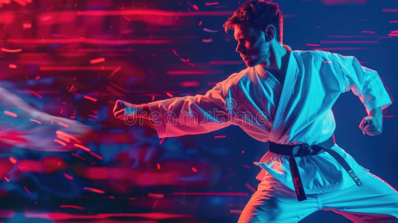 A Karate Expert Practices His Throw with a Ball, Focusing on Technique ...