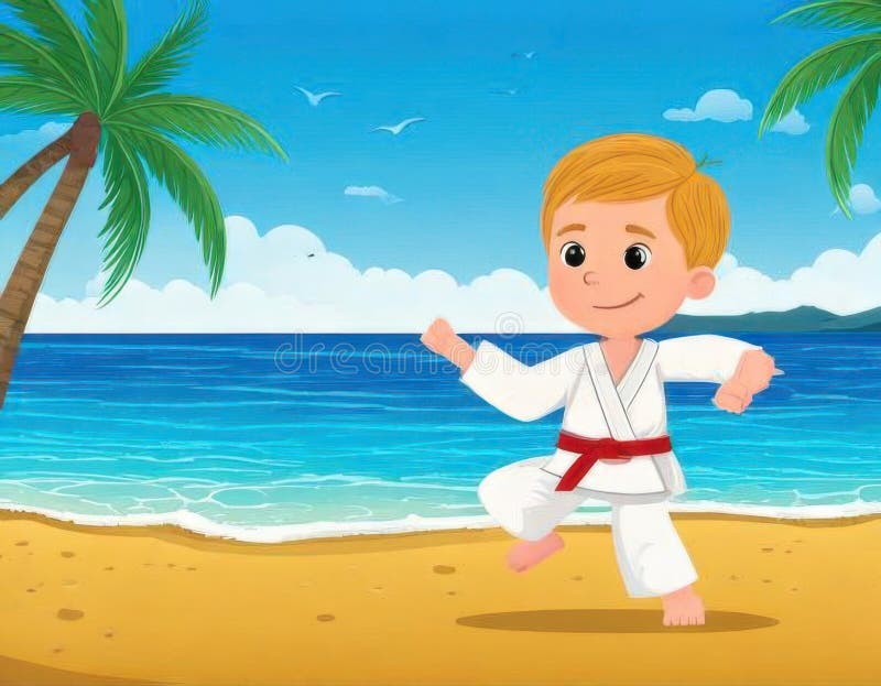 Karate Kid Running on the Beach Stock Illustration - Illustration of ...