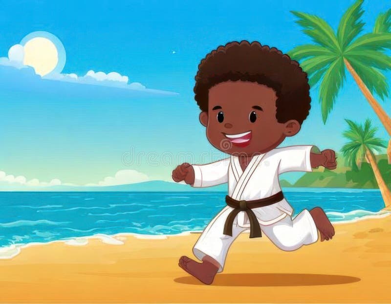 Karate Kid Running on the Beach Stock Illustration - Illustration of ...
