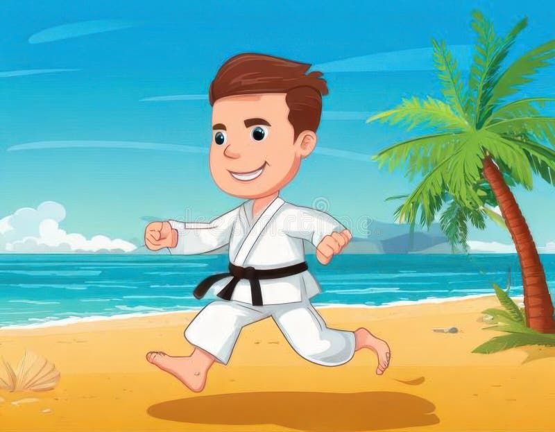Karate Kid Running on the Beach Stock Illustration - Illustration of ...