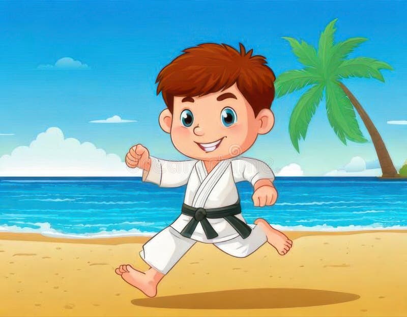Karate Kid Running on the Beach Stock Illustration - Illustration of ...