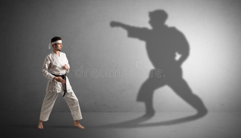Karate Man Confronting with His Own Shadow Stock Image - Image of ...