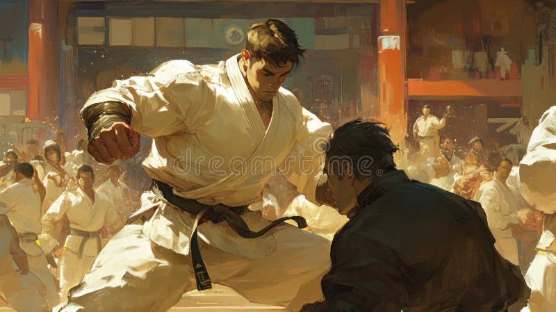A Karate Master in a White Gi and Black Belt Faces Off Against a Man in ...