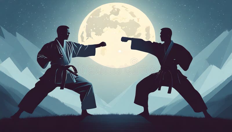 Karate in the Moonlight Polygonal Silhouettes Stock Illustration ...