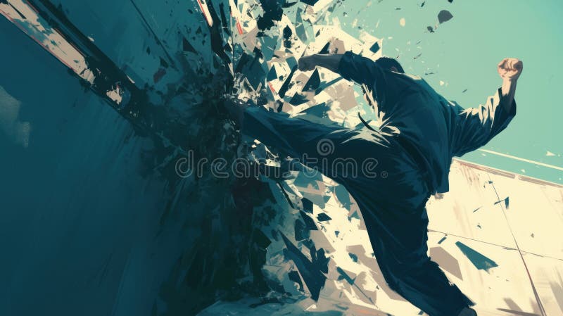 A Karate Fighter Kicking a Wall in an Intense Style, with a Red and ...