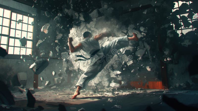 A Karate Fighter Kicking a Wall in an Intense Style, with a Red and ...
