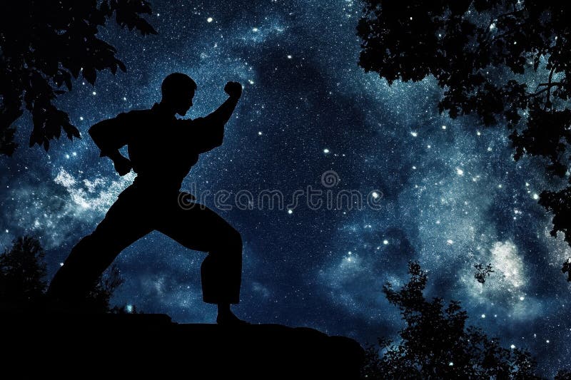Karate Practitioner Striking a Powerful Pose Against a Starry Night Sky ...