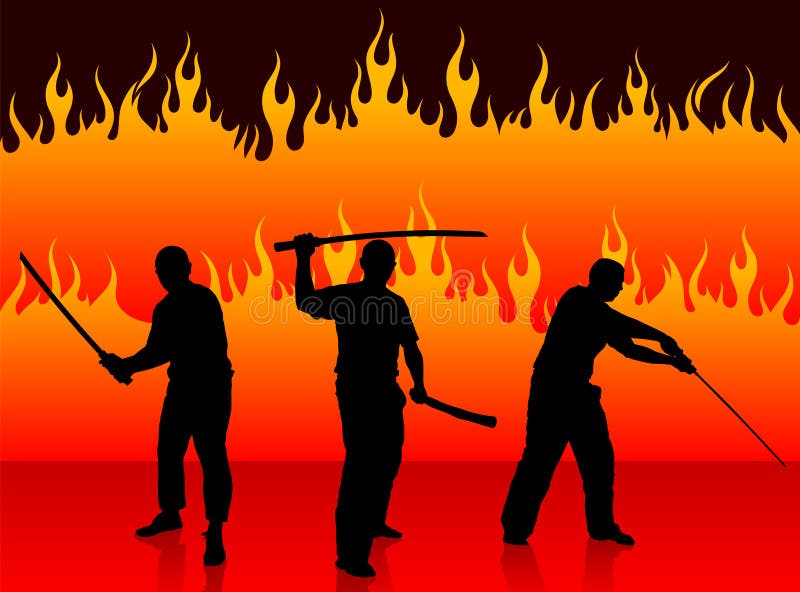 Karate Sensei with Sword on Fire Background Stock Illustration ...