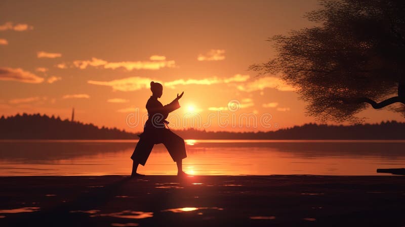 Karate Silhouette at Sunset. Generative AI Stock Illustration ...