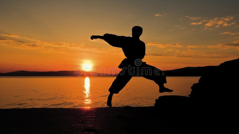 Karate Silhouette at Sunset. Generative AI Stock Illustration ...