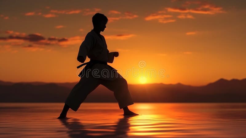 Karate Silhouette at Sunset. Generative AI Stock Illustration ...
