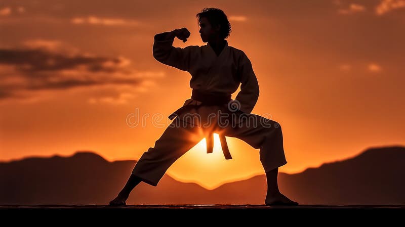 Karate Silhouette at Sunset. Generative AI Stock Illustration ...