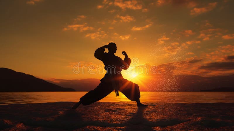 Karate Silhouette at Sunset. Generative AI Stock Illustration ...