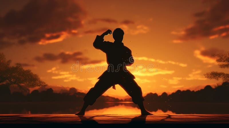 Karate Silhouette at Sunset. Generative AI Stock Illustration ...
