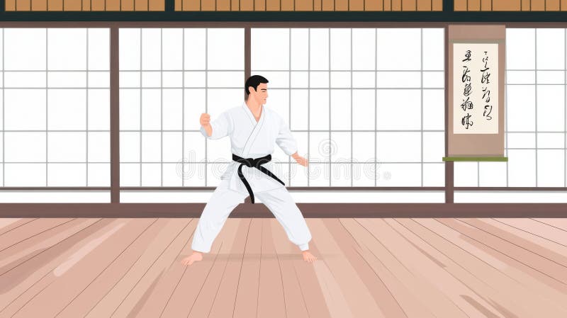 Karate in a Dojo stock illustration. Illustration of movement - 372898024