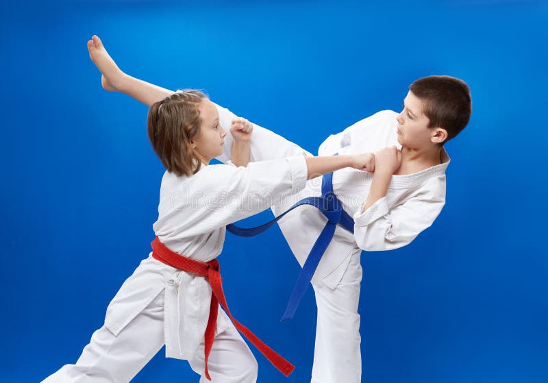 In Karategi Two Athletes are Doing Blocks and Kicks of Karate Stock ...