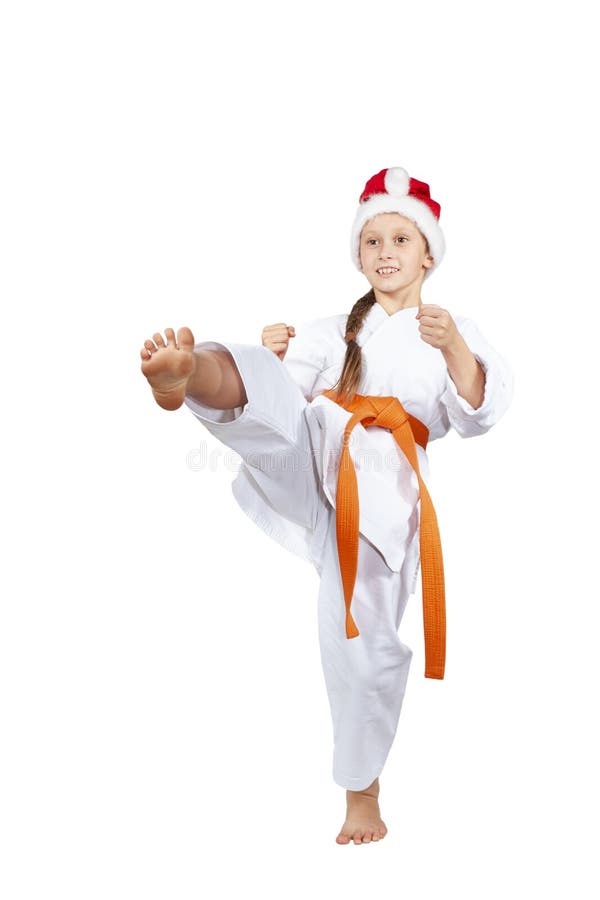 Karateka in the Cap of Santa Claus Hits a Kick Leg Forward Stock Image ...