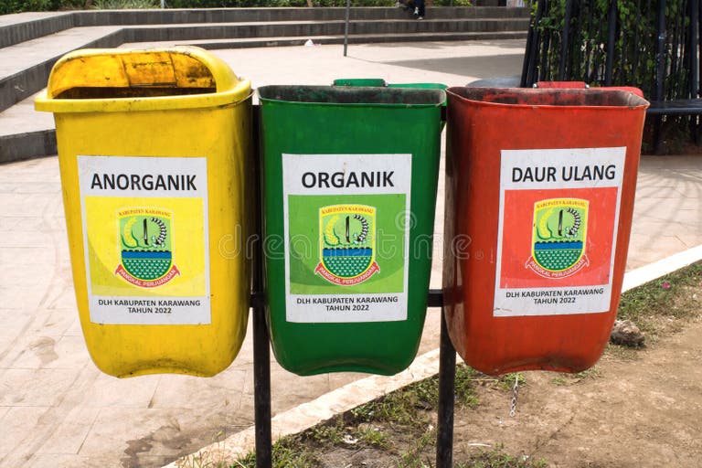 Karawang, West Java - September, 13 2022: Three Bins, Yellow, Green, Red. in the Karangpawitan ...