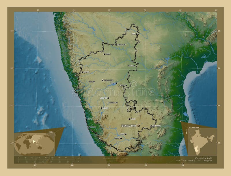 Karnataka, India. Physical. Labelled Points of Cities Stock Photo ...