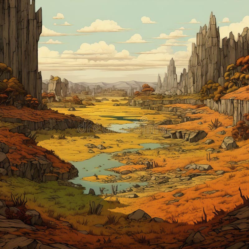 Karst View with Goblins: a Crayon Style Marsh Plains Landscape Stock ...