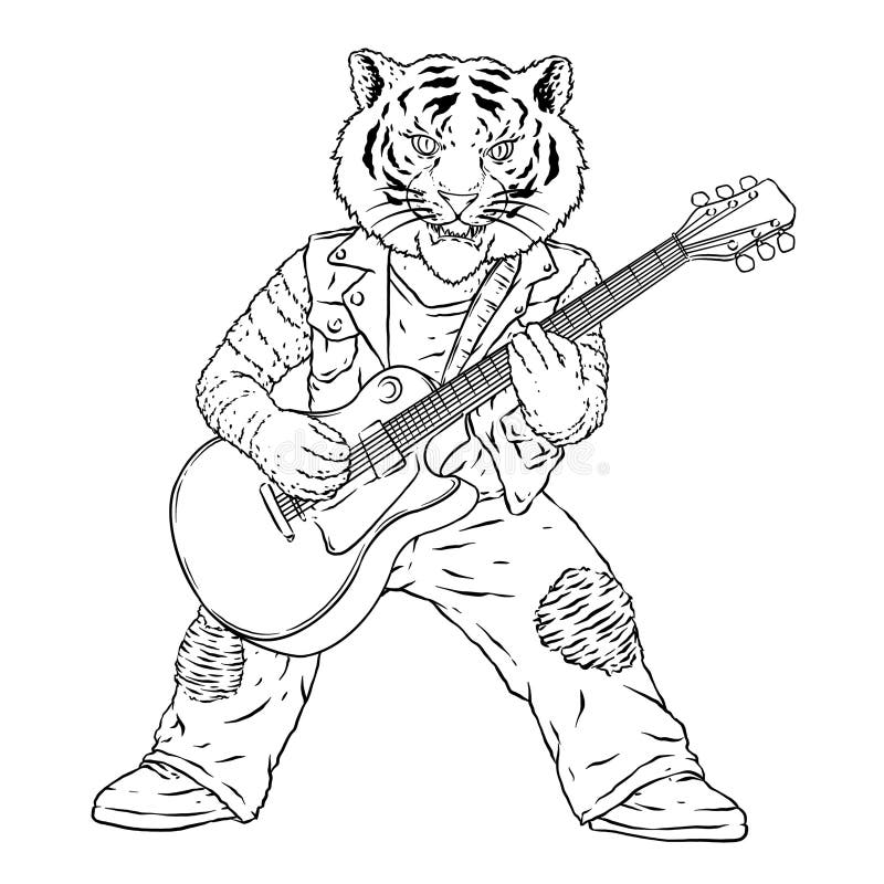 Tiger Guitarist Line Art 1 stock illustration. Illustration of face ...