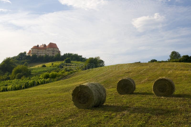 Kasteel Op De Heuvel in De Zomer Stock Afbeelding - Image of hooi ...