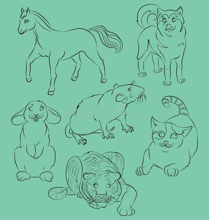 Kat, Rat, Konijn, Tijger, Paard En Hond Vector Illustratie ...