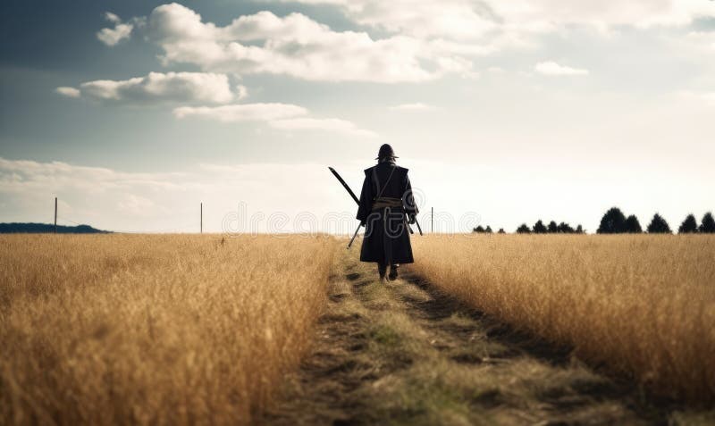 Lonely Samurai Stands with Katana in Open Field Creating Using ...