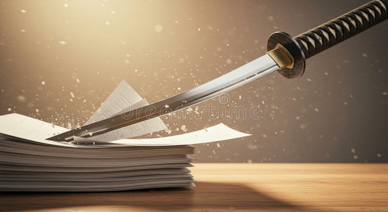 A Katana with a Gleaming, Curved Blade Slices through a Stack of Papers ...