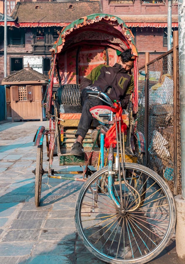 Poor Rickshaw Cart Puller Sleeps in Sunlight at Kathmandu Durbar Square ...