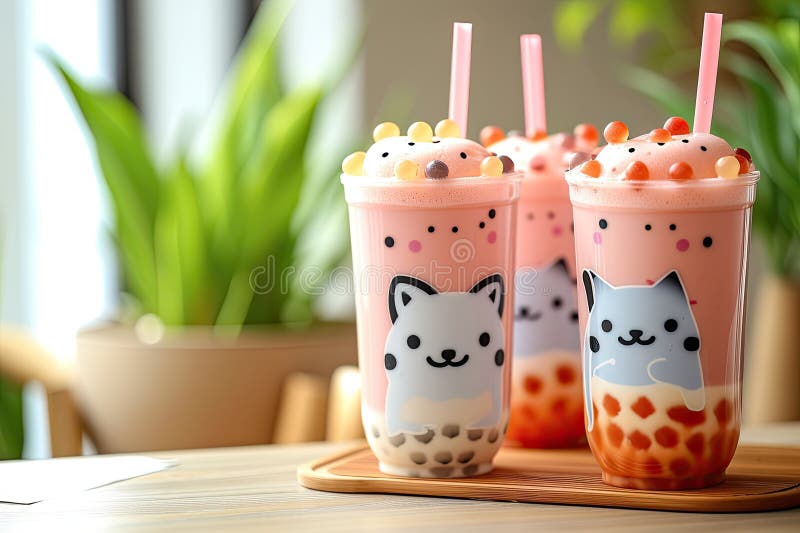 A Kawaii Boba Tea with Adorable Animal Faces Drawn on the Cup Stock ...