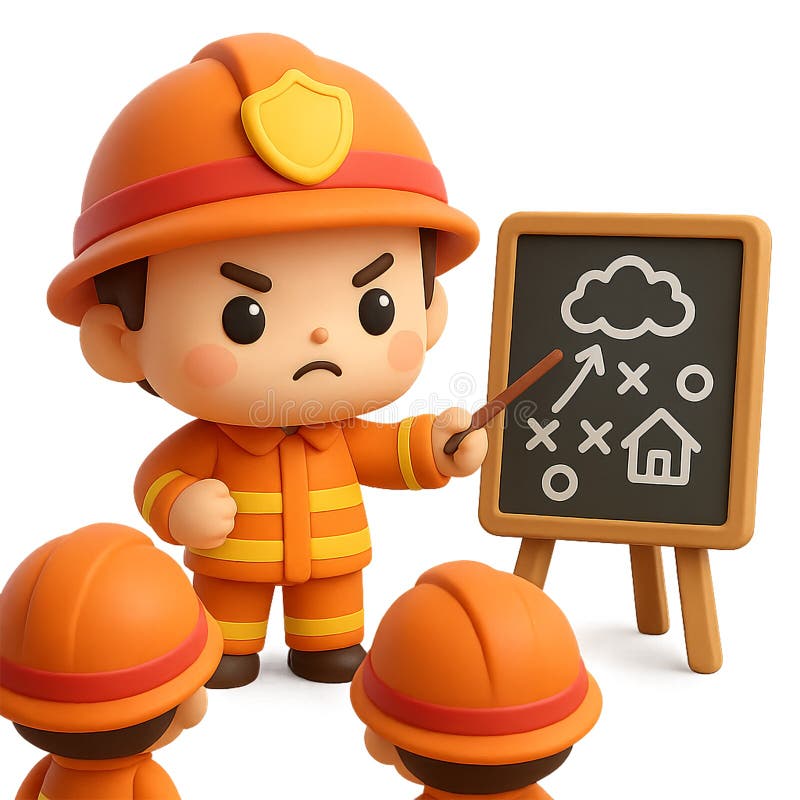 Kawaii Cartoon Firefighter Instructing Group Using Chalkboard with Plan ...