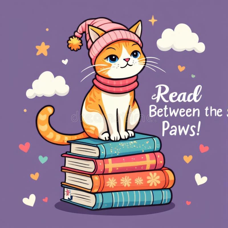 Kawaii Cat Reading between the Paws Book Stack Illustration Stock Illustration - Illustration of ...