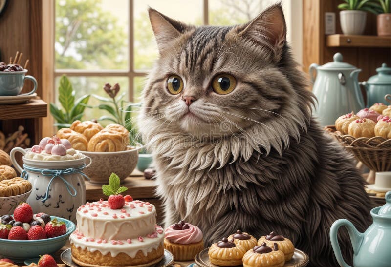 Kawaii Cat Sat Amongst Various Pastries - Generated by Ai Stock ...