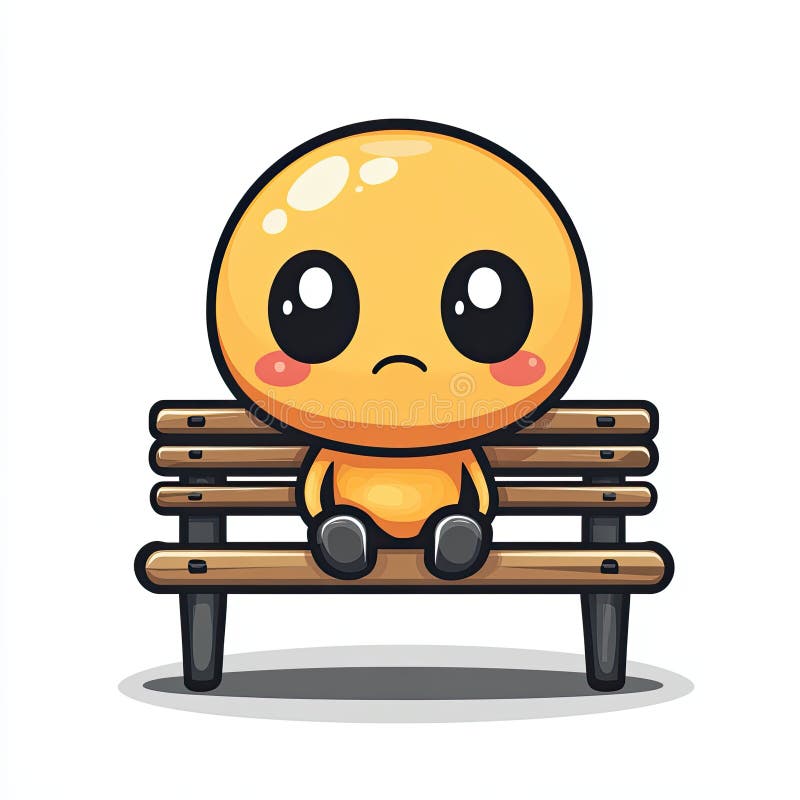 Kawaii Chibi Emoji Sitting Alone on Tiny Bench, Expressing Sadness ...
