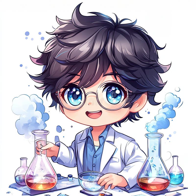 Kawaii Chibi Scientist with Messy Hair, Conducting Experiments in Lab ...