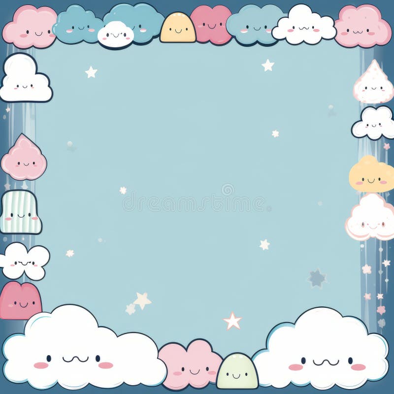 Kawaii Cloud Border with Cute Clouds and Raindrops Stock Illustration ...
