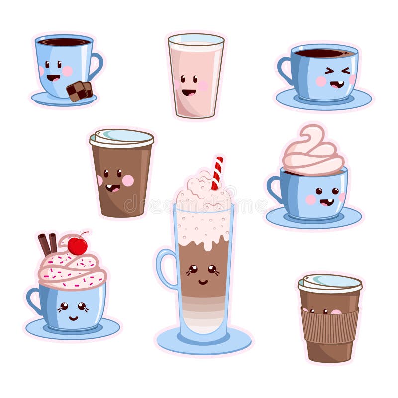Kawaii Coffee. Cute Cafe Drinks. Vector Coffee Cups with Happy Face ...