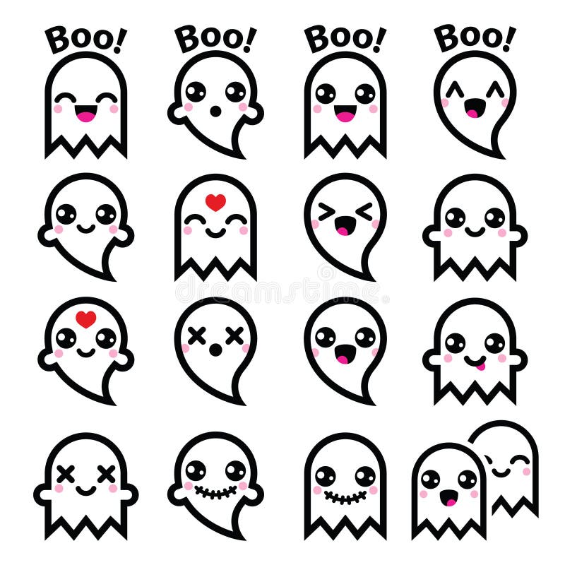Kawaii Cute Ghost for Halloween Icons Set Stock Illustration ...