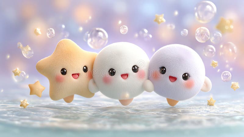 Kawaii 3D Characters Shaped Like Stars Dancing on a Luminous Bubble ...