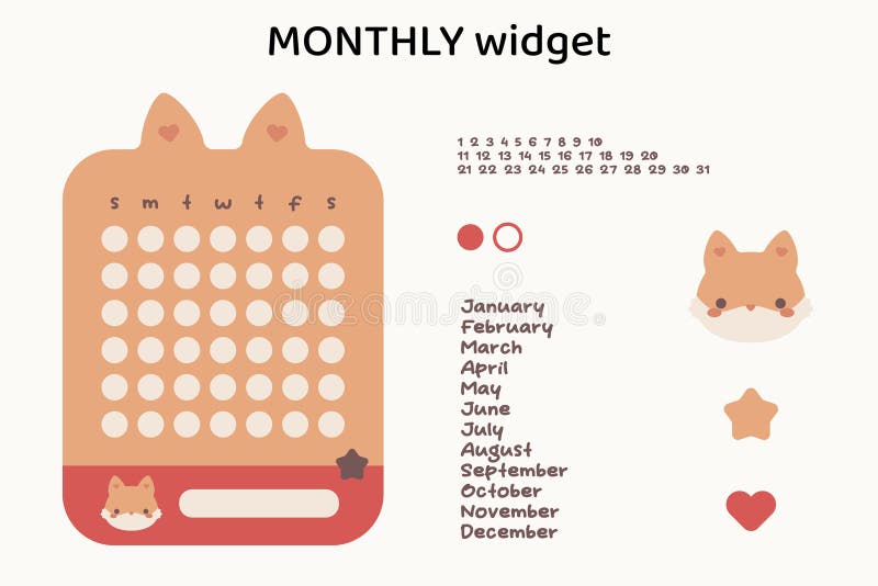 Kawaii Digital Monthly Widget. Kawaii Widget with Cute Fox Stock Vector ...