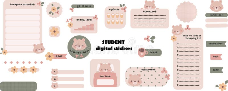 Kawaii Digital Stickers for Students with Cute Bear. Digital Note ...