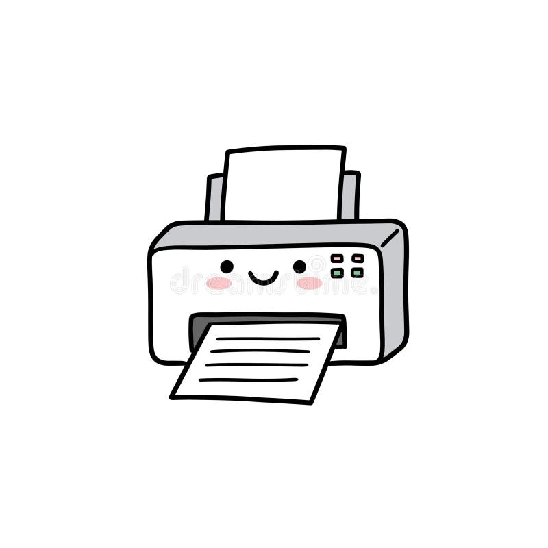 Kawaii Doodle Printer Character in Grey and White Printing a Document ...