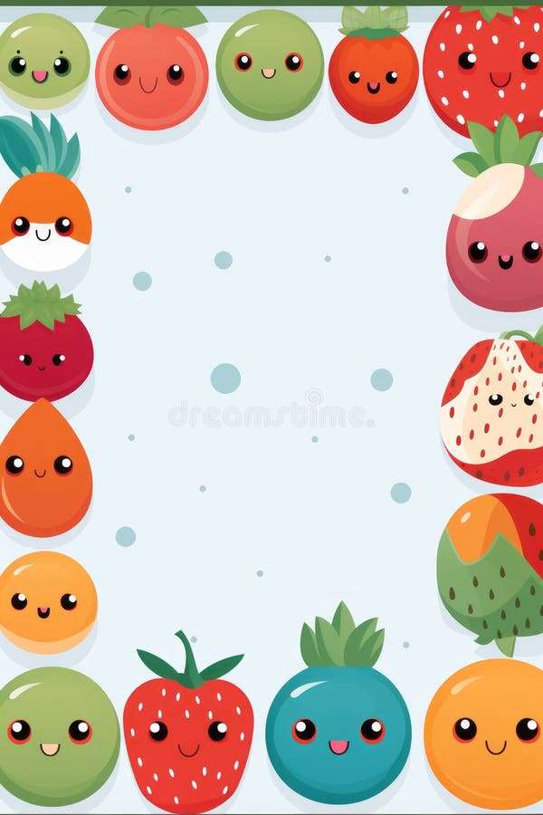 Kawaii Fruit Border with Cute Fruits and Vegetables Stock Illustration ...