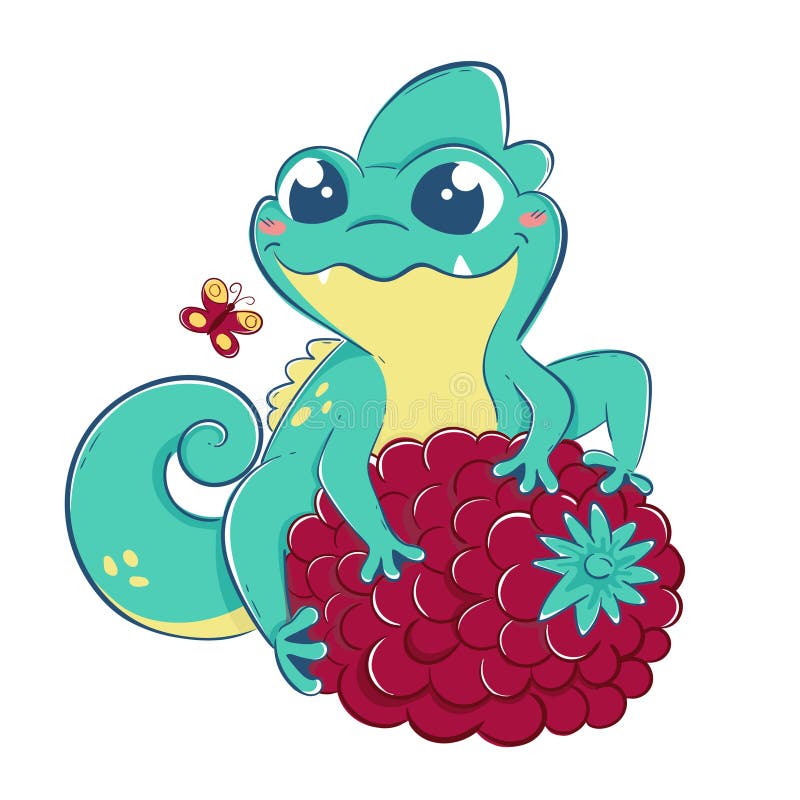 Kawaii Green Cartoon Lizard Sits on a Big Raspberry Stock Vector ...
