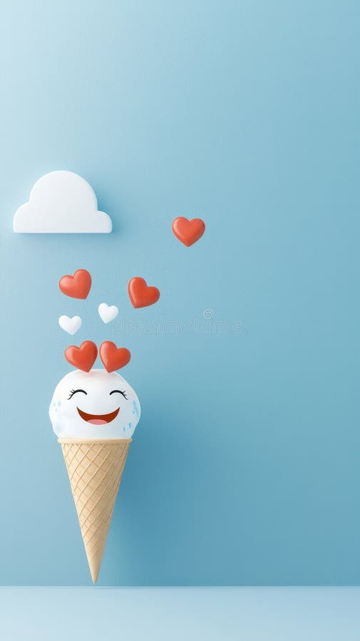Kawaii Ice Cream Cone with Heart Shaped Toppings and Smiling Face Stock ...